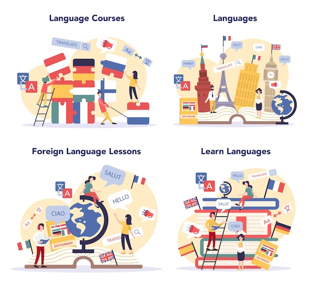 Premium Vector | Language learning concept set Premium Vector | Language learning concept set