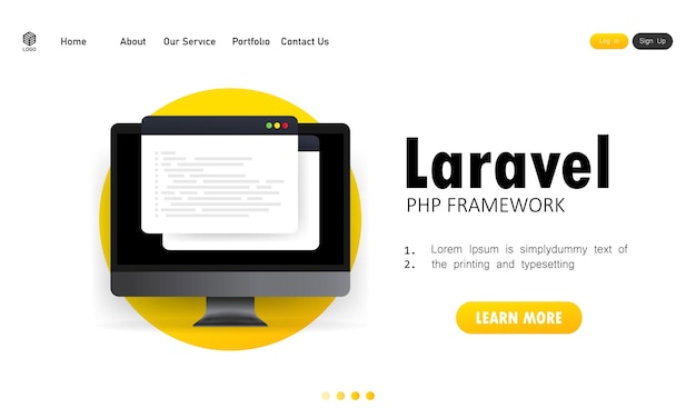 컴퓨터 화면에서 Laravel Php Framework 프로그래밍 언어 프로그래밍 언어 코드 일러스트레이션을 코딩하는 방법을 배웁니다 격리 된 흰색 배경에 벡터입니다
