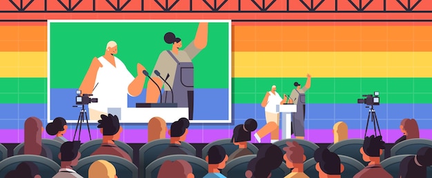 Premium Vector Lesbian Couple Giving Speech From Tribune At