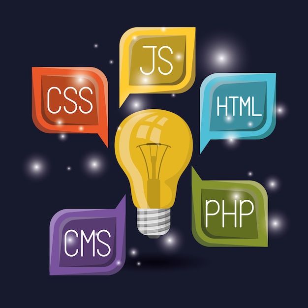 Premium Vector | Light bulb with web programming language codes