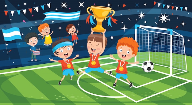 Premium Vector | Little kids celebrating championship win Premium Vector | Little kids celebrating championship win