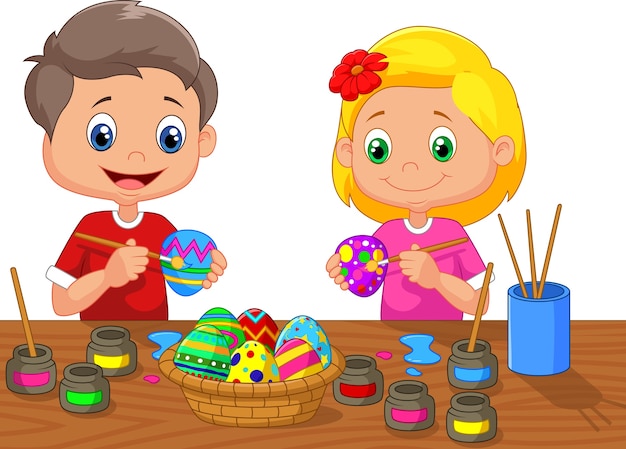 Premium Vector | Little kids painting easter egg Premium Vector | Little kids painting easter egg