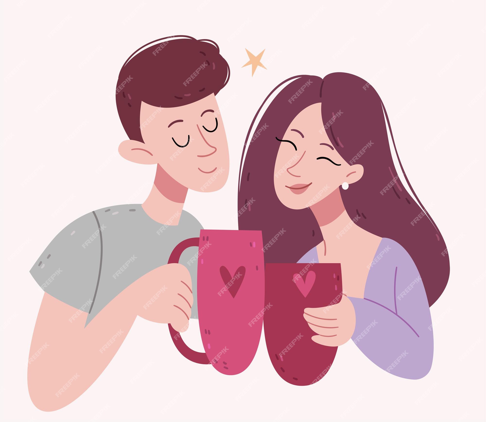 Premium Vector Loving Couple Drinking Morning Coffee Large Cups