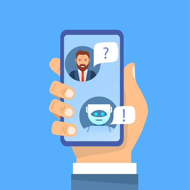 Premium Vector | Man asks a question to robot assistant Premium Vector | Man asks a question to robot assistant