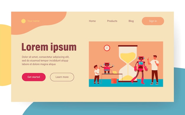 Premium Vector | Man creating robot in his different ages. boy, small cyborg, large humanoid ...