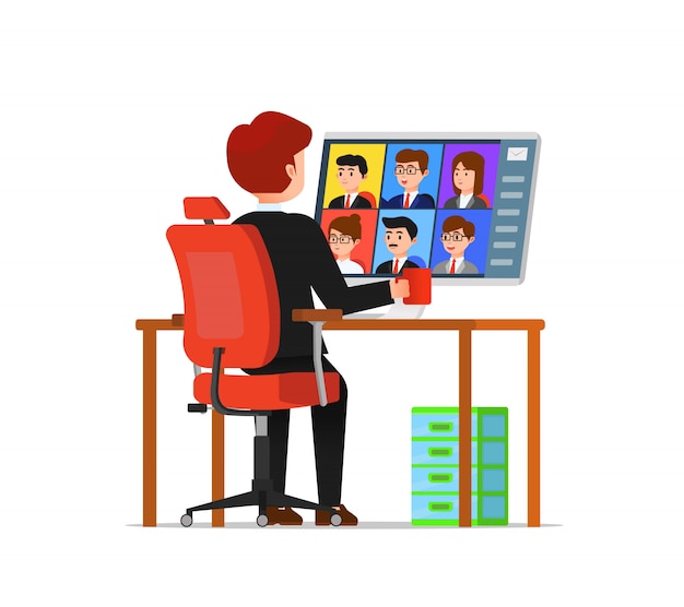 Premium Vector | A man doing virtual meeting with his work colleagues Premium Vector | A man doing virtual meeting with his work colleagues