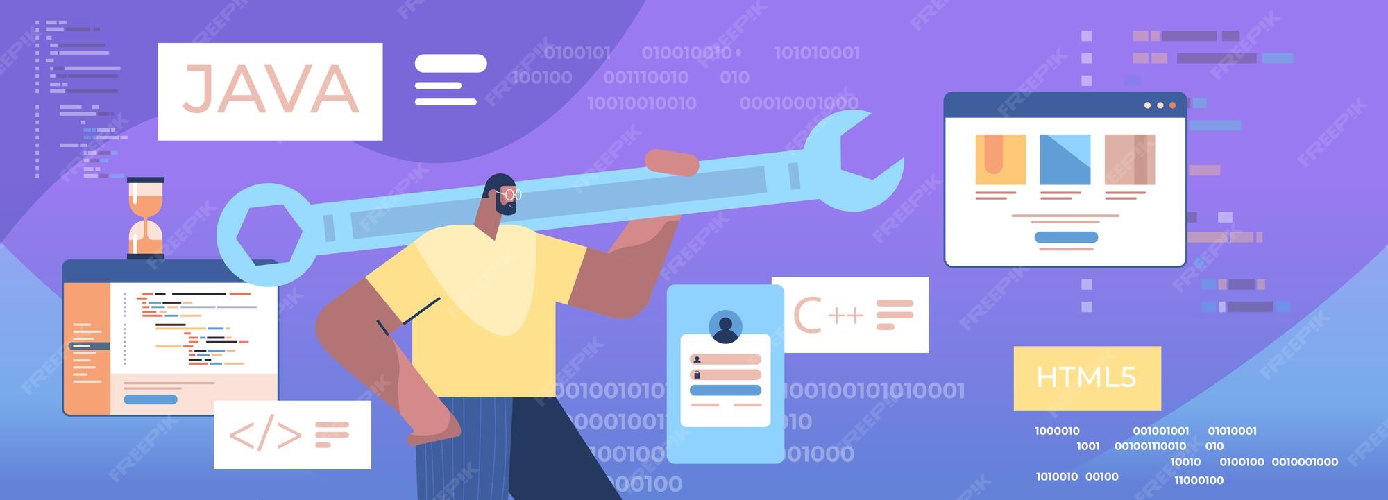 Premium Vector | Man programmer holding wrench developer optimizes ...