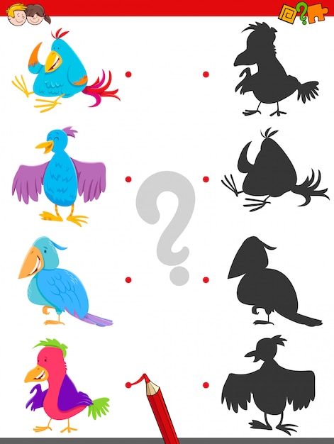 Premium Vector | Matching shadows educational game with birds Premium Vector | Matching shadows educational game with birds