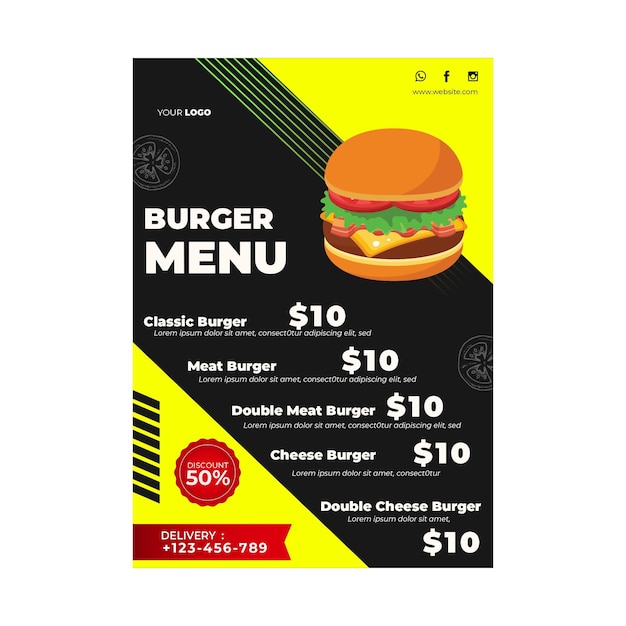 ハンバーガーレストランのメニューテンプレート 無料のベクター