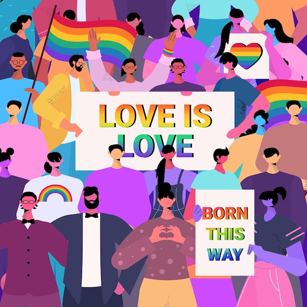 Premium Vector Mix Race People Holding Lgbt Rainbow Flags And