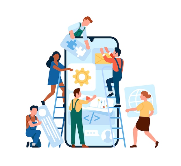 Premium Vector | Mobile app building. cartoon people collect icons and ...