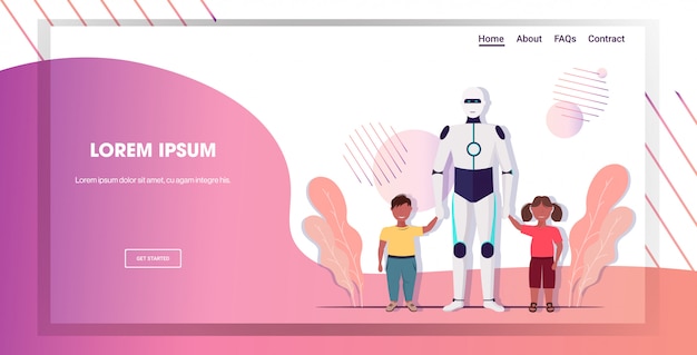 Premium Vector | Modern robot nanny walking with children Premium Vector | Modern robot nanny walking with children