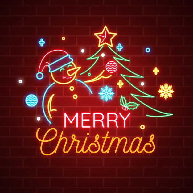 Free Vector | Neon merry christmas text with snowman and tree Free Vector | Neon merry christmas text with snowman and tree