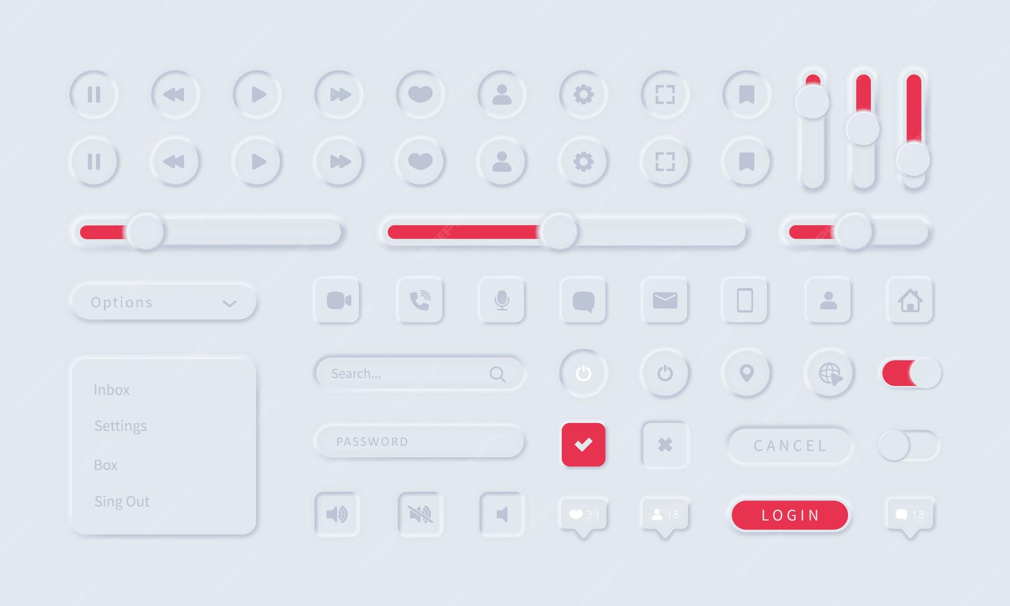 Neuromorphic Ui Ux 흰색 사용자 인터페이스 웹 버튼 및 관리 프리미엄 벡터