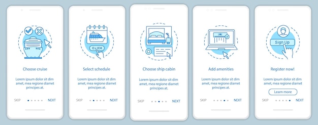 온라인 크루즈 예약 온보딩 모바일 앱 페이지 화면 벡터 템플릿 일정을 선택하고 편의 시설을 추가하십시오 선형 삽화가 포함된 연습 웹 사이트 단계 Ux Ui Gui