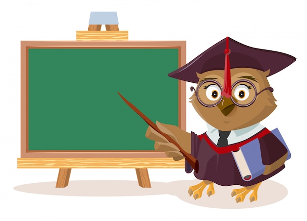 Premium Vector | Owl teacher with book and pointer stands near blackboard Premium Vector | Owl teacher with book and pointer stands near blackboard