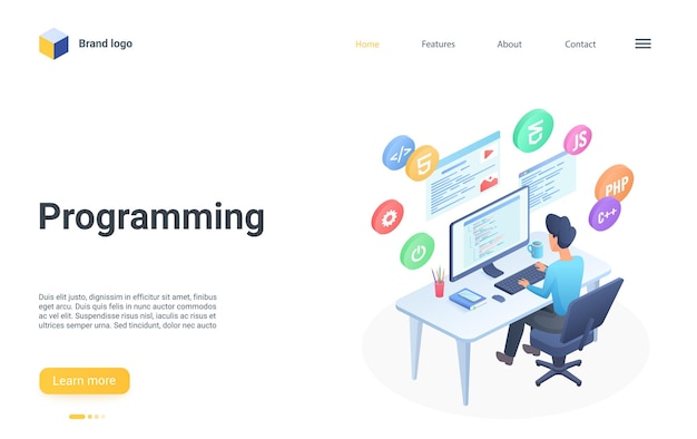 Premium Vector People Programming Isometric Landing Page Coder Working With Code Script Program