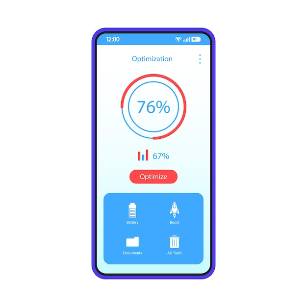 전화 최적화 청소기 인터페이스 벡터 템플릿입니다 모바일 최적화 앱 페이지 파란색 디자인 레이아웃입니다 부스터 신청 화면입니다 플랫 Ui 배터리 부스팅 스마트폰