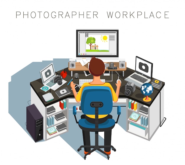 Premium Vector | Photographer workplace. photographer at work. illustration Premium Vector | Photographer workplace. photographer at work. illustration