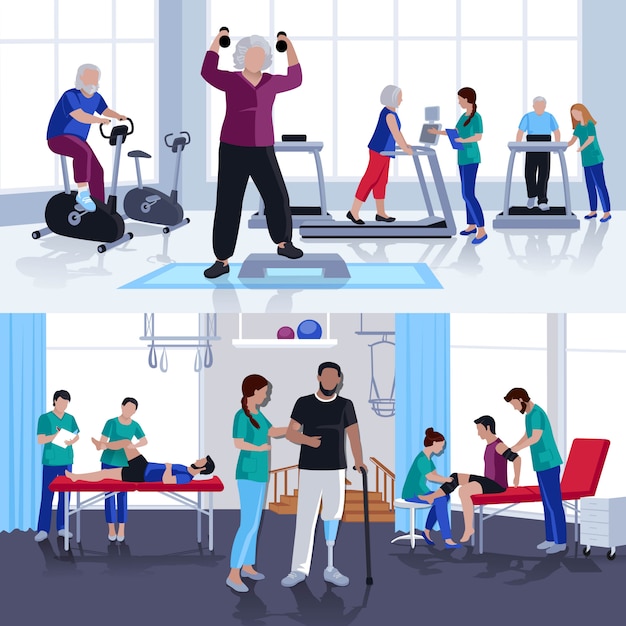 Physiotherapy Rehabilitation Center 2 Flat Banners Free Vector