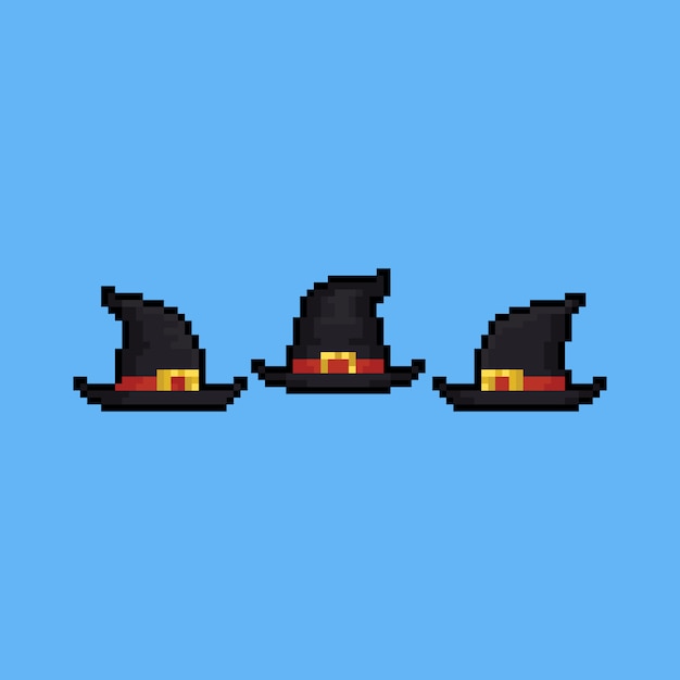 Premium Vector | Pixel art cartoon witch hat icon set. Premium Vector | Pixel art cartoon witch hat icon set.
