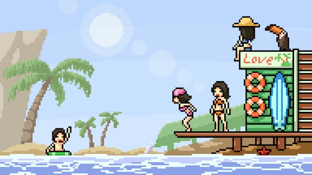 Premium Vector | Pixel art scene beach party Premium Vector | Pixel art scene beach party