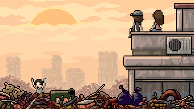 Premium Vector | Pixel art scene junk flood city Premium Vector | Pixel art scene junk flood city