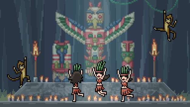 Premium Vector | Pixel art scene native totem dance Premium Vector | Pixel art scene native totem dance
