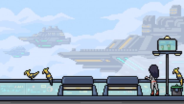 Premium Vector | Pixel art scene sci fi airship Premium Vector | Pixel art scene sci fi airship