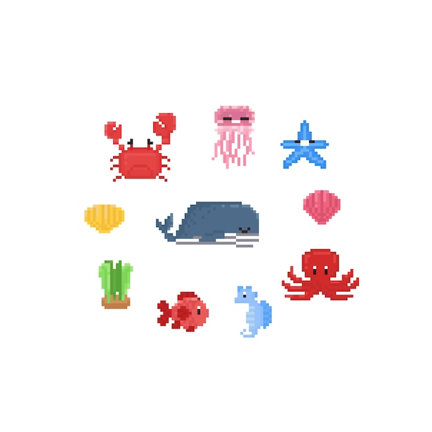 Premium Vector | Pixel cartoon sea animals.8bit character set. Premium Vector | Pixel cartoon sea animals.8bit character set.