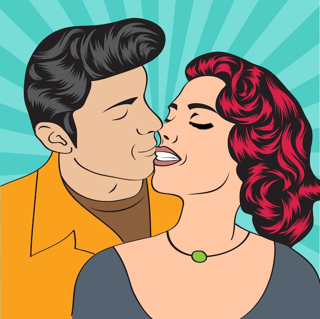Pop Art Couple Kissing Retro Valentines Day Card Premium Vector