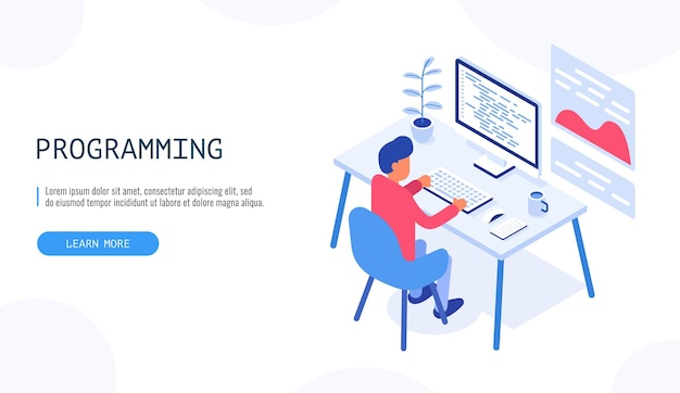 Premium Vector | Programmer at work. man working on desktop computer ...