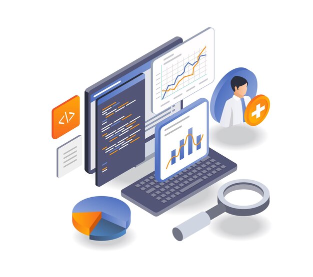 Premium Vector | Programmers analyze follower data Premium Vector | Programmers analyze follower data