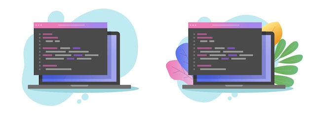 컴퓨터 화면에서 Php 코드 프로그래밍 또는 노트북 Pc 평면 만화에서 Html 또는 Java 스크립트 코딩 프리미엄 벡터