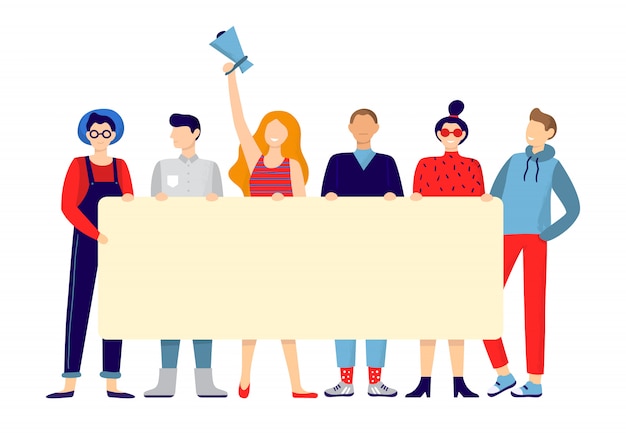Premium Vector Protesting People Group Activists Hold Sign Board Or