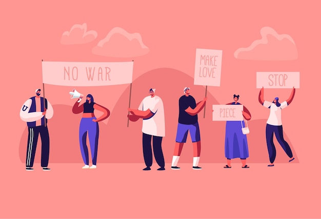 Premium Vector Protesting People With Placards And Signboard On