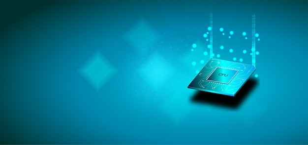Premium Vector | Quantum computer, large data processing, database concept.cpu isometric banner.