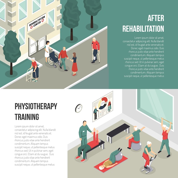 Free Vector Rehabilitation And Physiotherapy Training Banner Set