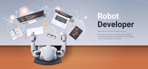 Premium Vector | Robot developer at workplace web site design Premium Vector | Robot developer at workplace web site design