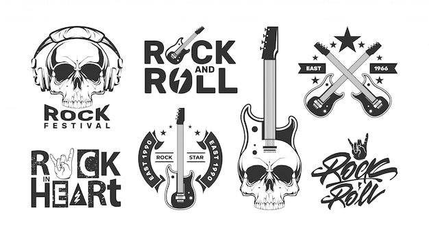Rock And Roll Logos Set With Skull Music Festival Design Labels