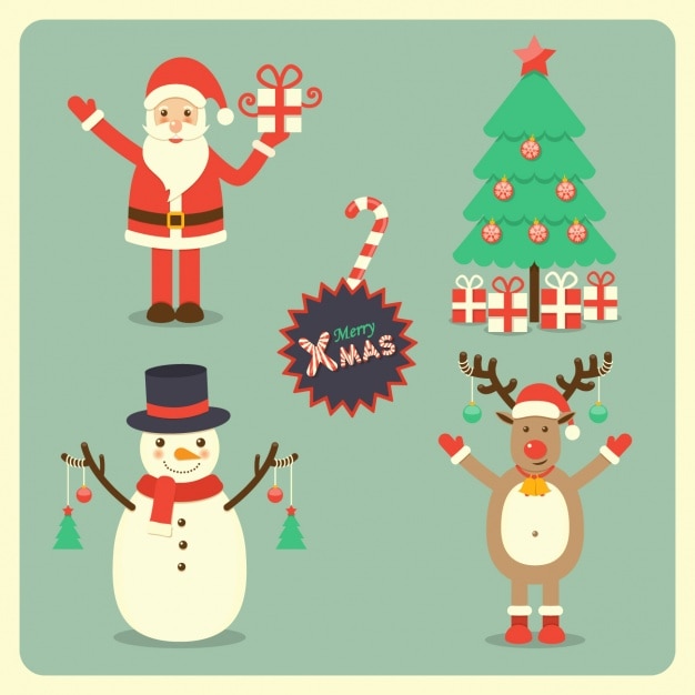Free Vector Santa Claus A Reindeer A Snowman And A Christmas Tree