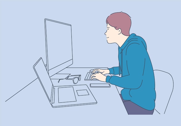 Php Python Javascript 다른 언어로 스크립트 코딩 및 프로그래밍 작업 프로젝트에 집중하는 젊은 프로그래머 프로그래밍 및 코딩 기술 개발 프리미엄 벡터