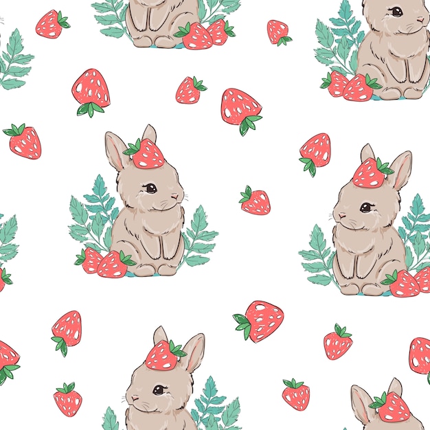 Seamless Pattern Cute Bunny With Strawberry On A White Background