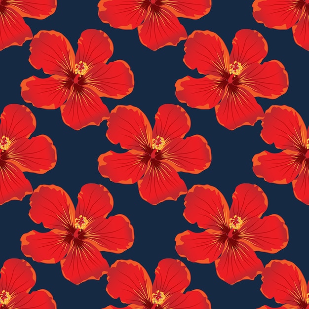 Seamless Pattern Red Hibiscus Flowers Premium Vector