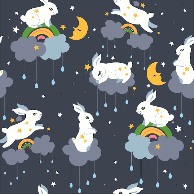Premium Vector Seamless Pattern With Cute Rabbits And Clouds Vector