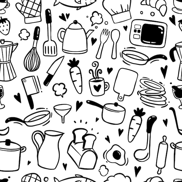 Premium Vector | Seamless pattern with kitchen elements on doodle style Premium Vector | Seamless pattern with kitchen elements on doodle style