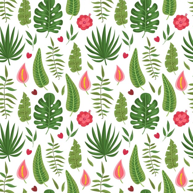 Premium Vector Seamless Pattern With Tropical Leaves And Flowers