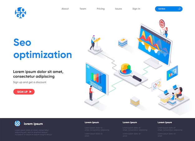 Premium Vector | Seo optimization isometric landing page Premium Vector | Seo optimization isometric landing page