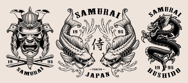 Premium Vector | Set of black and white samurai emblems Premium Vector | Set of black and white samurai emblems
