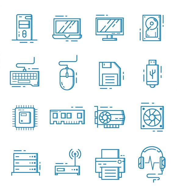 Set Of Computer Component Icons With Outline Style Vector Premium